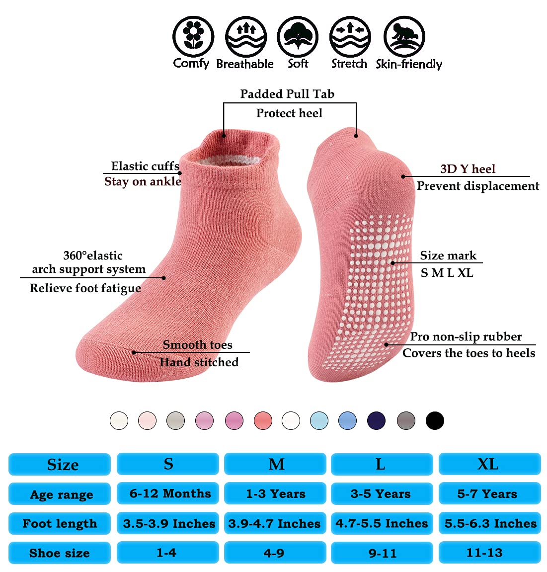 Dicry Toddler Non-Slip Ankle Socks Baby Anti-skid Grips Socks for Infant Kids (1-3T, Multi 12 Pairs)