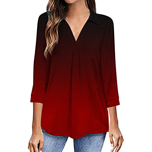3/4 Sleeve Tops for Women Summer Solid Gradient Color V-Neck Shirts Blouse Empire Waist Loose Casual Trendy 2023