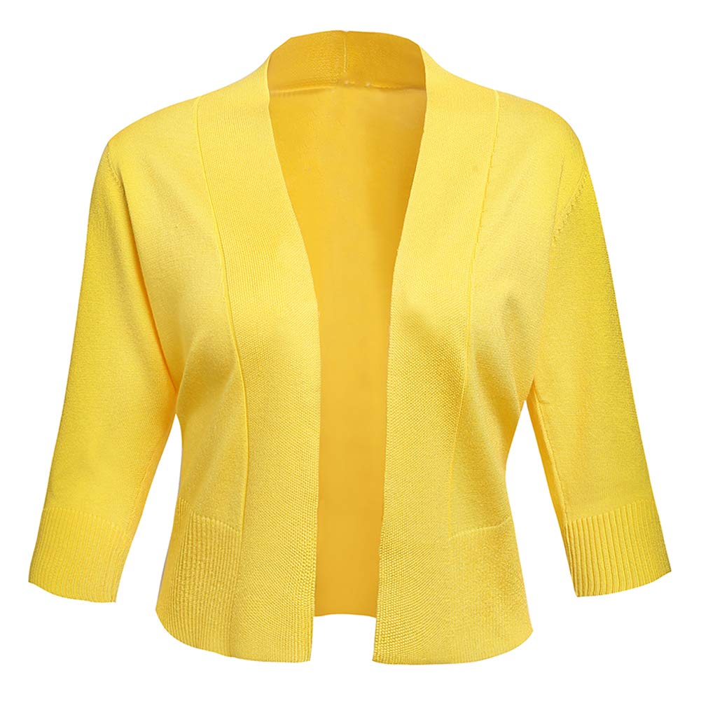 AAMILIFE Women's 3/4 Sleeve Cropped Cardigans Sweaters Jackets Open Front Short Shrugs for Dresses Yellow S