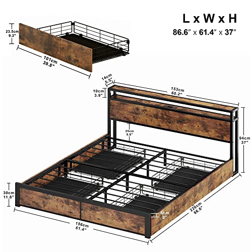 LIKIMIO Queen Bed Frame with Storage Drawer, 2-Tier Storage Headboard with Charging Station, No Box Spring Needed, Easy Assembly, Vintage Brown