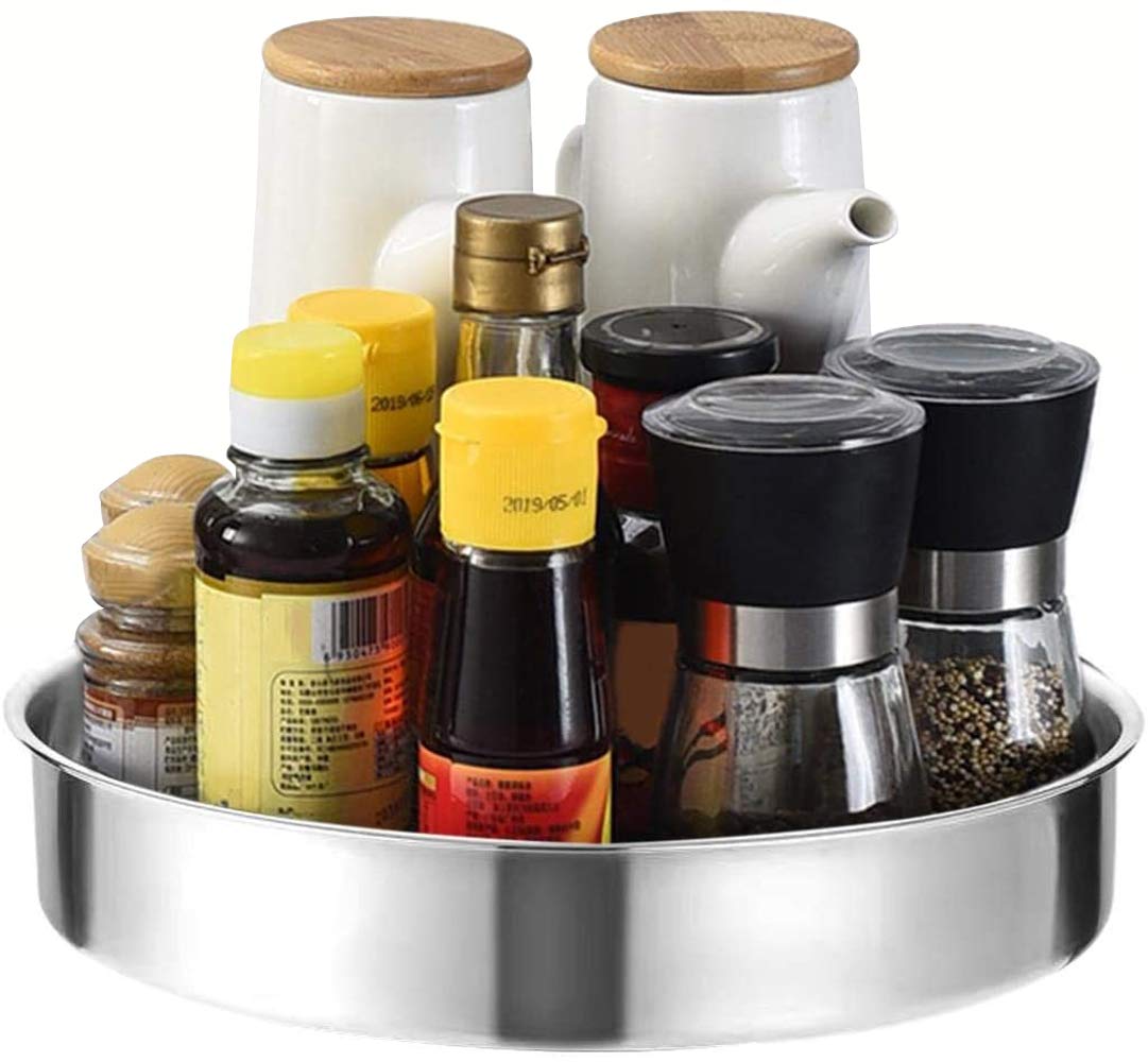 Lazy Susan Spice Rack Organizer for Cabinet, Rotating Tray Turntable Storage Container Stainless steel for Kitchen Pantry, Countertop, Table (9”)