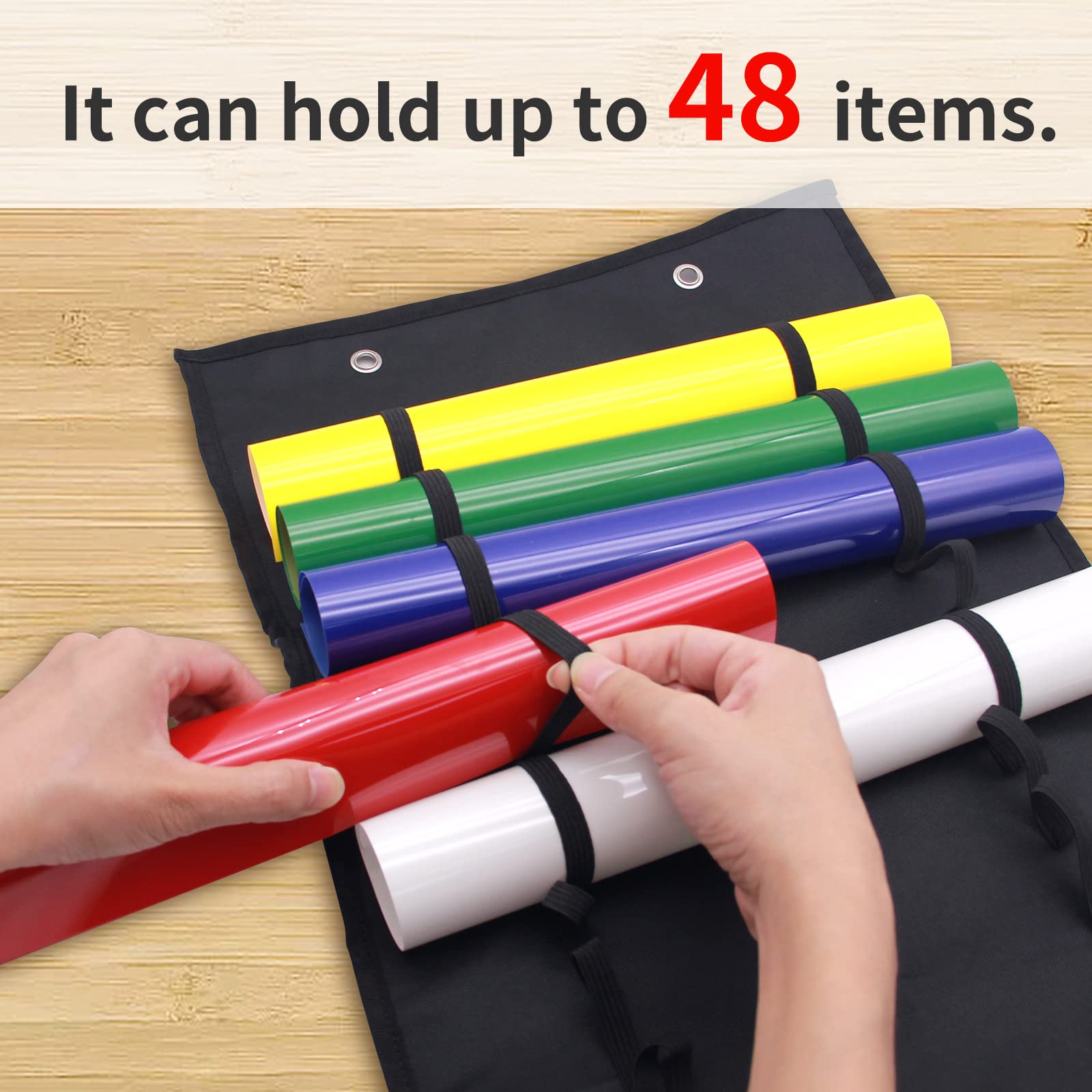 Vinyl Storage Organizer - Vinyl Roll Holder 48 Elastic Compartments Vinyl Roll Storage Rack Bag Wall Mount/Hanging Over The Door for Craft Room with 2 Hooks and 1 Lanyard