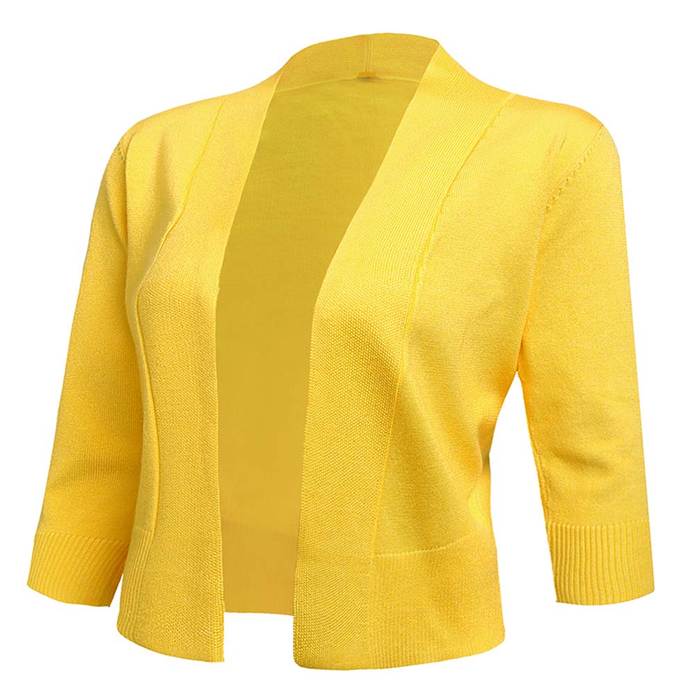 AAMILIFE Women's 3/4 Sleeve Cropped Cardigans Sweaters Jackets Open Front Short Shrugs for Dresses Yellow S
