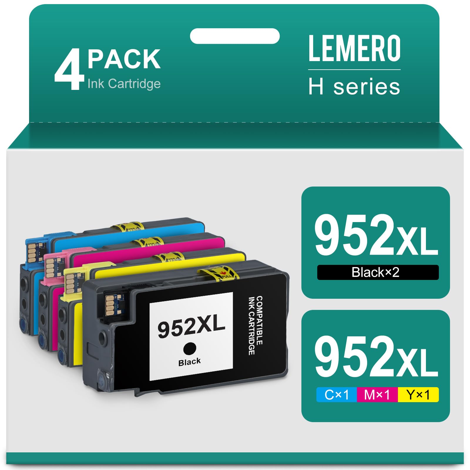 LEMERO 952XL 952 Ink Cartridge Compatible Ink Cartridge Replacement for HP 952XL 952 XL for Officejet Pro 8710, 8720, 8715 8740 8200 8730 8702 7740 7720 8210 (Black Cyan Magenta Yellow, 4 Pack)