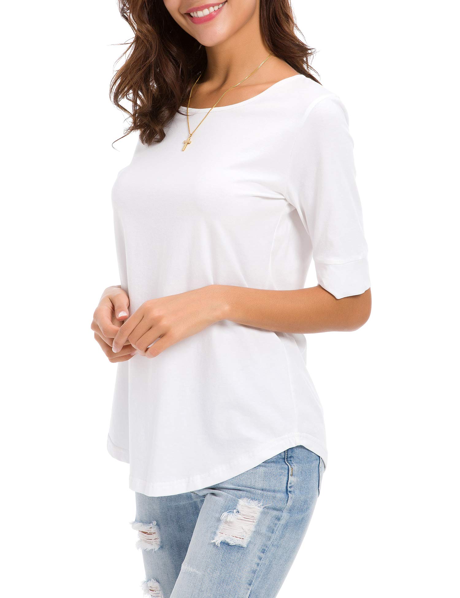 LUSMAY Womens White Cotton Tops Fashion Casual Fitted T Shirt Half Sleeve Tunic Tee