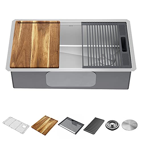 DELTA 95B932-32S-SS Lorelai Workstation Kitchen Sink Undermount Stainless Steel Single Bowl with WorkFlow Ledge and Chefâs Kit of 6 Accessories