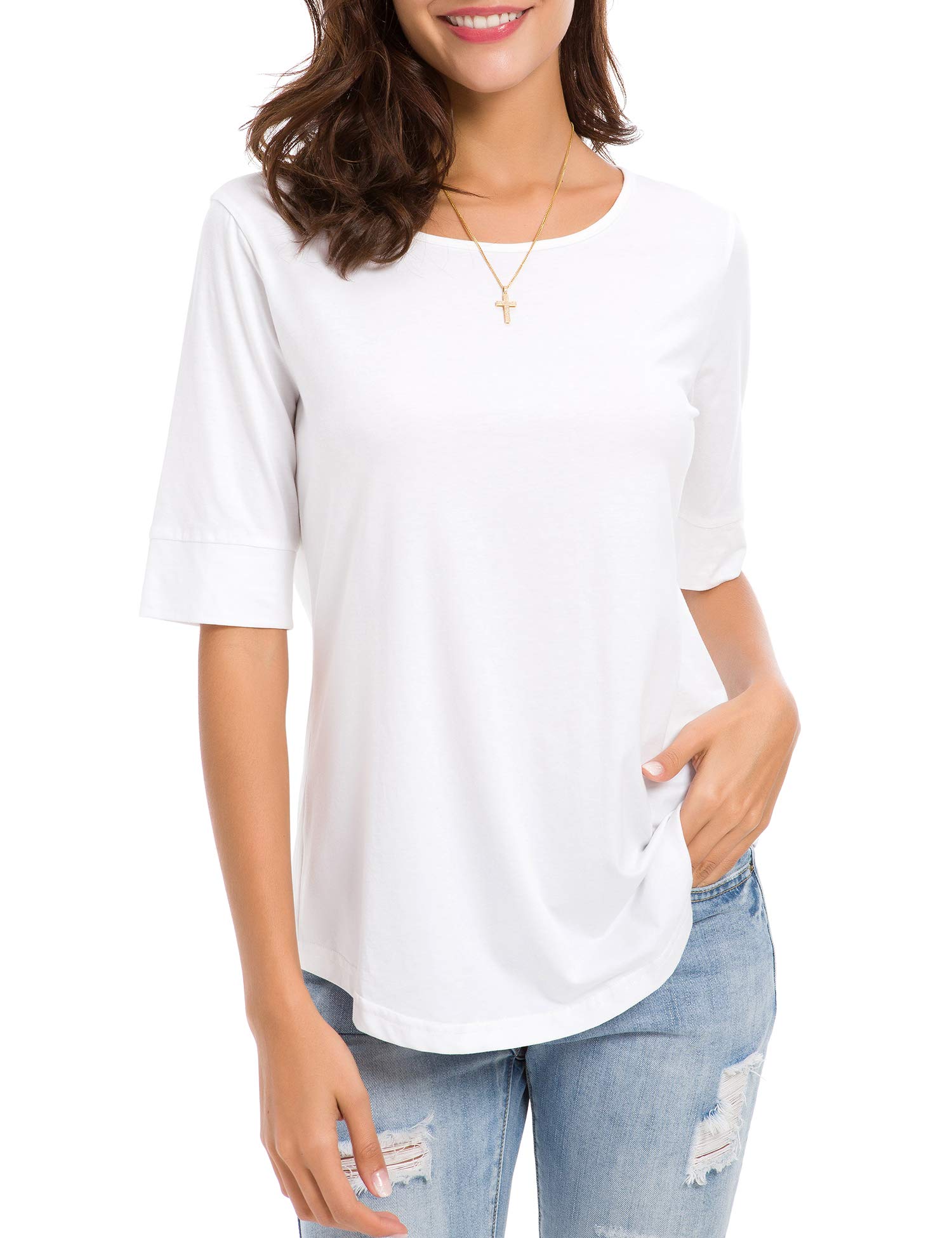 LUSMAY Womens White Cotton Tops Fashion Casual Fitted T Shirt Half Sleeve Tunic Tee