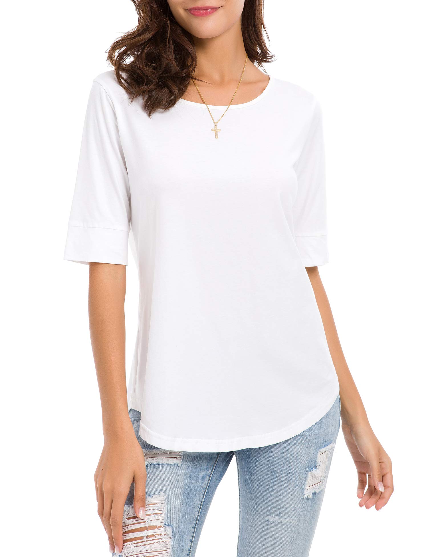 LUSMAY Womens White Cotton Tops Fashion Casual Fitted T Shirt Half Sleeve Tunic Tee