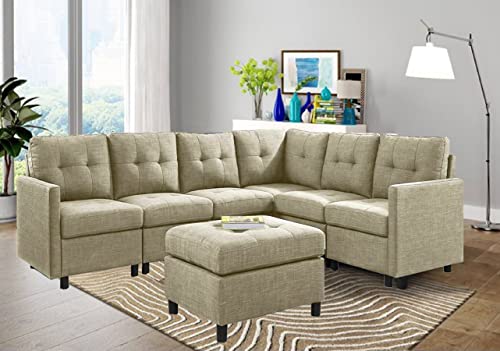 BEEY Sectional Sofa Set 6 Seats Reversible Corner Sectional with Ottoman L-Shaped Fabric Couches Modular Living Room Furniture Sets
