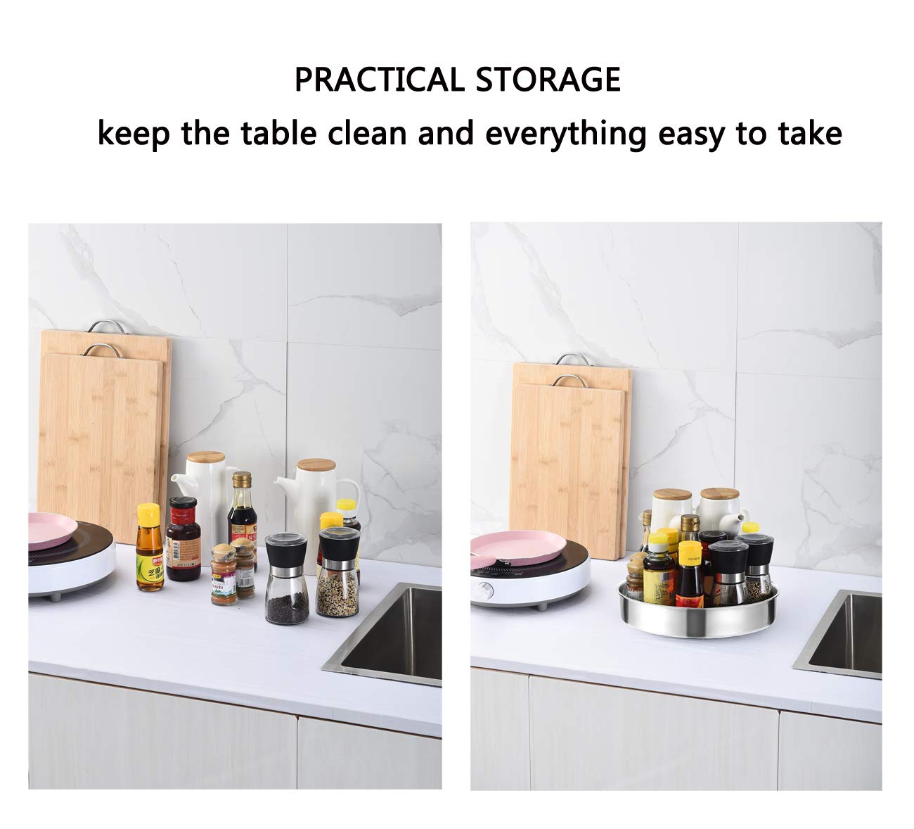 Lazy Susan Spice Rack Organizer for Cabinet, Rotating Tray Turntable Storage Container Stainless steel for Kitchen Pantry, Countertop, Table (9”)