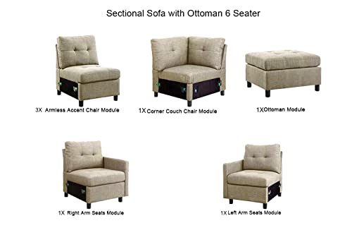 BEEY Sectional Sofa Set 6 Seats Reversible Corner Sectional with Ottoman L-Shaped Fabric Couches Modular Living Room Furniture Sets