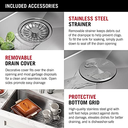 DELTA 95B932-32S-SS Lorelai Workstation Kitchen Sink Undermount Stainless Steel Single Bowl with WorkFlow Ledge and Chef’s Kit of 6 Accessories