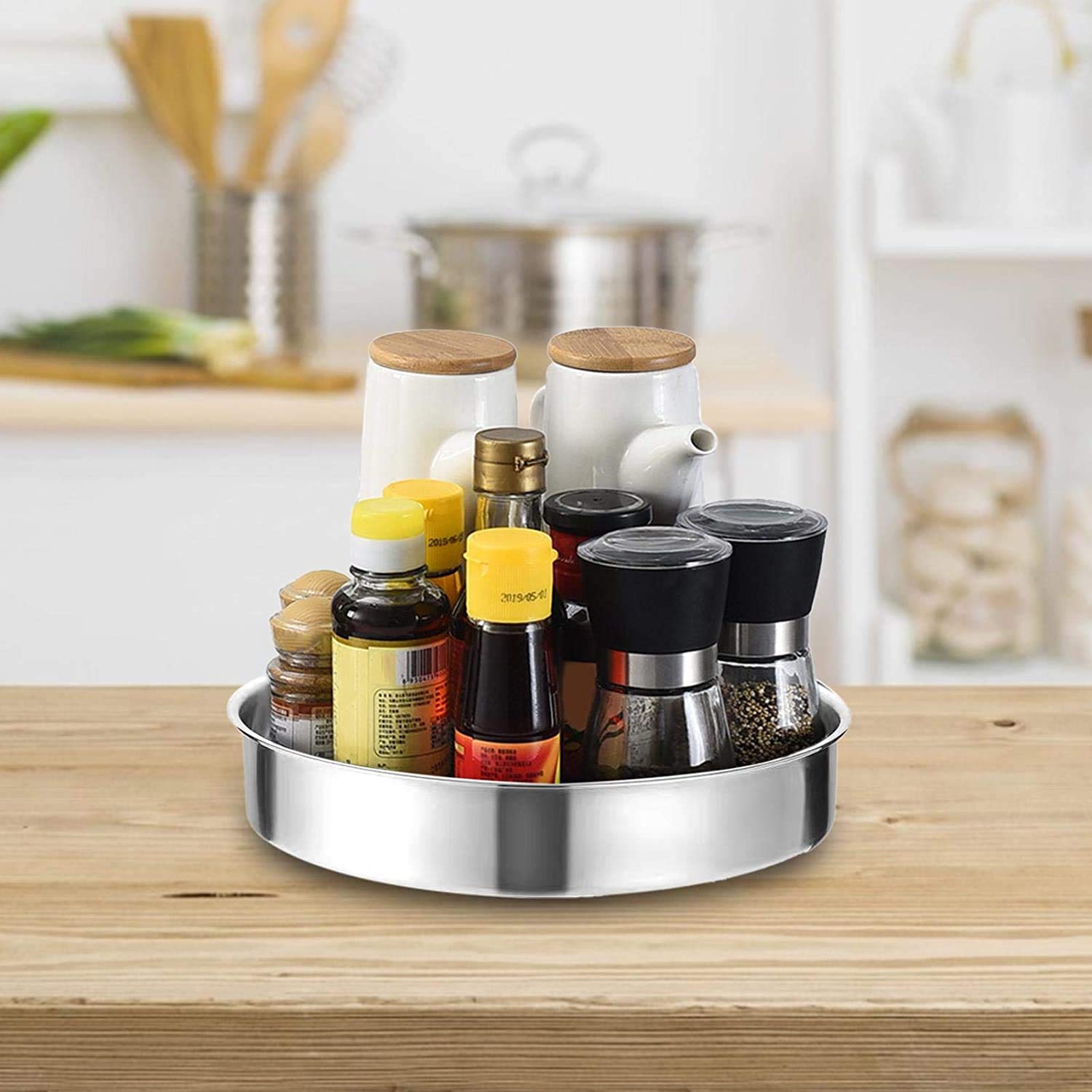Lazy Susan Spice Rack Organizer for Cabinet, Rotating Tray Turntable Storage Container Stainless steel for Kitchen Pantry, Countertop, Table (9”)