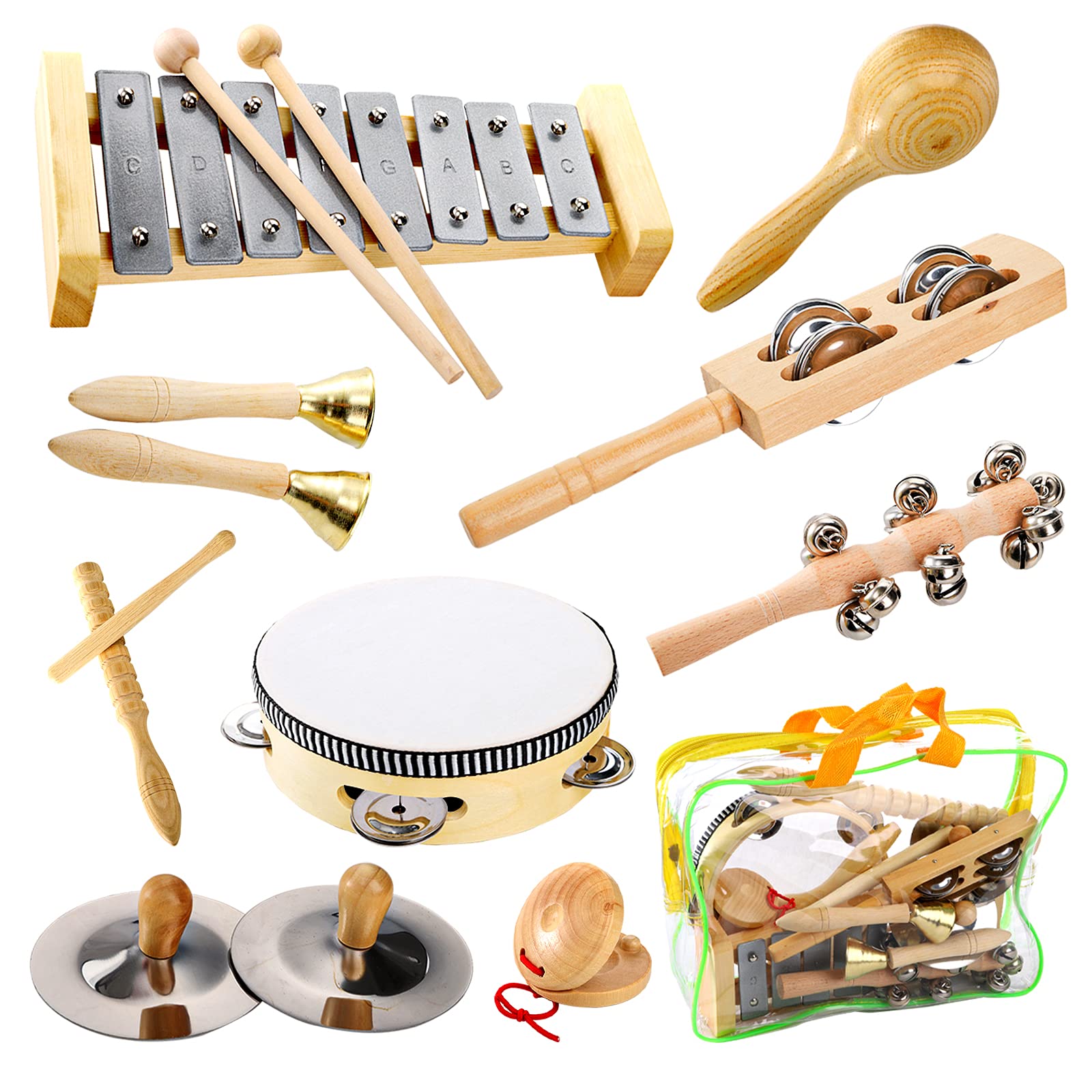 TOPZEA 12 Pack Kids Musical Instruments, Natural Wood Percussion Instrument Baby Drum Set Tambourine Xylophone Musical Toys for Toddler, Boys and Girls, Preschool Educational, with Storage Bag