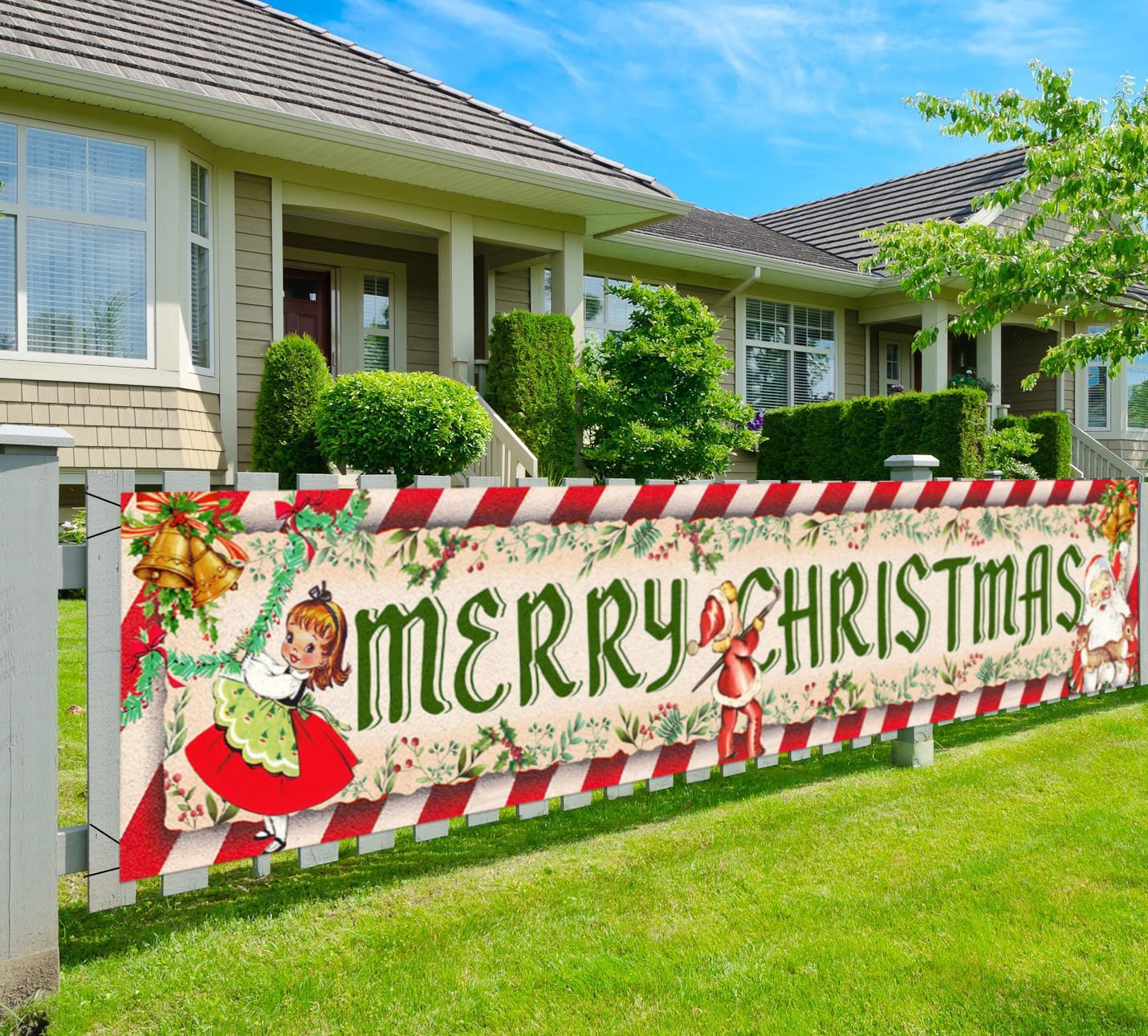 Vintage Christmas Decorations Outdoor Yard Sign Vintage Style Merry Christmas Banner Traditional Retro Santa Xmas Hanging Banner for Xmas New Year Holiday Party Supplies Indoor Outdoor