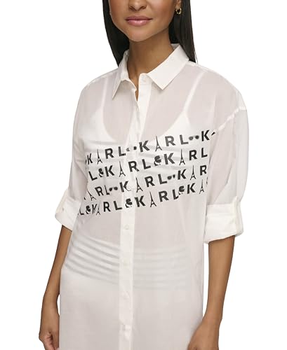 Karl Lagerfeld Paris Women's Standard Paris Logo Collared Swim Coverup, Soft White, Small