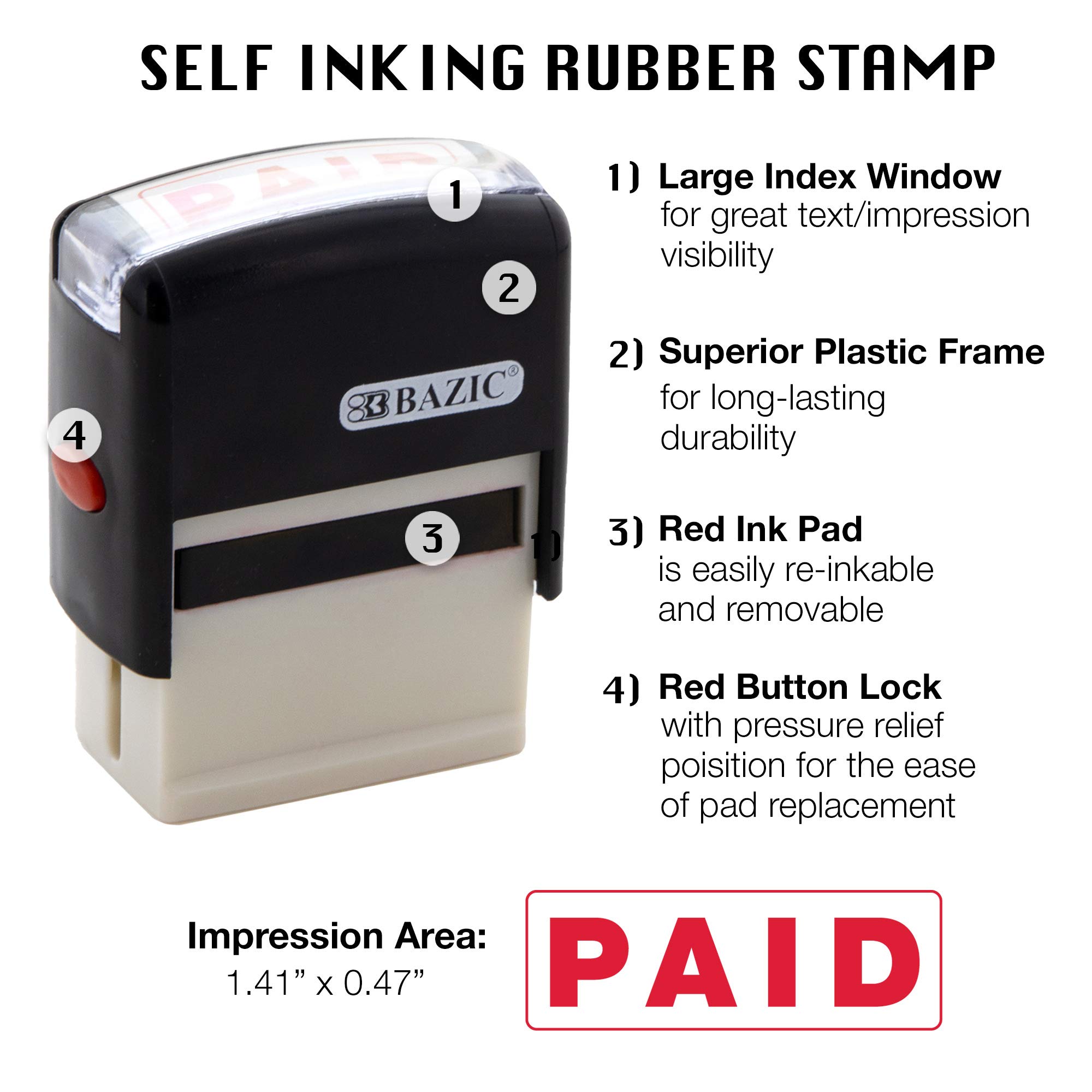 BAZIC Paid Self Inking Rubber Stamp (Red Ink), Stamp Impression Size 1.41" x 0.47", Great for Office, Shipping, Receiving, Accounting, Expiration, Due Dates, 1-Pack