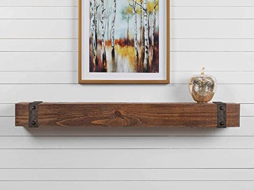 60 Inch Floating Fireplace Mantel Wood Shelf In Rustic Provincial - Pinecliffe From Mantels Direct | Wooden Distressed Wall Shelf with Bronze Metal Straps Perfect for Décor and Electric Fireplaces
