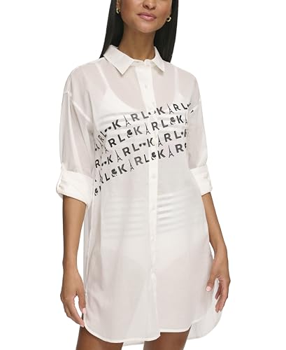 Karl Lagerfeld Paris Women's Standard Paris Logo Collared Swim Coverup, Soft White, Small