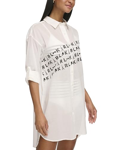 Karl Lagerfeld Paris Women's Standard Paris Logo Collared Swim Coverup, Soft White, Small