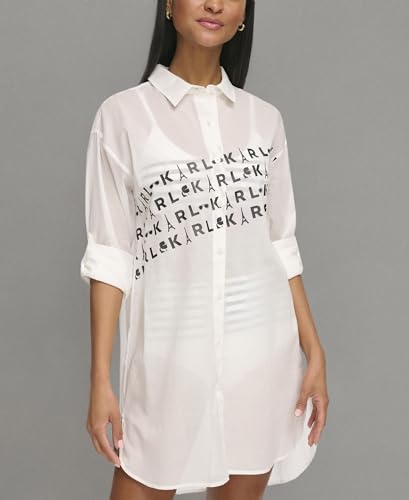 Karl Lagerfeld Paris Women's Standard Paris Logo Collared Swim Coverup, Soft White, Small