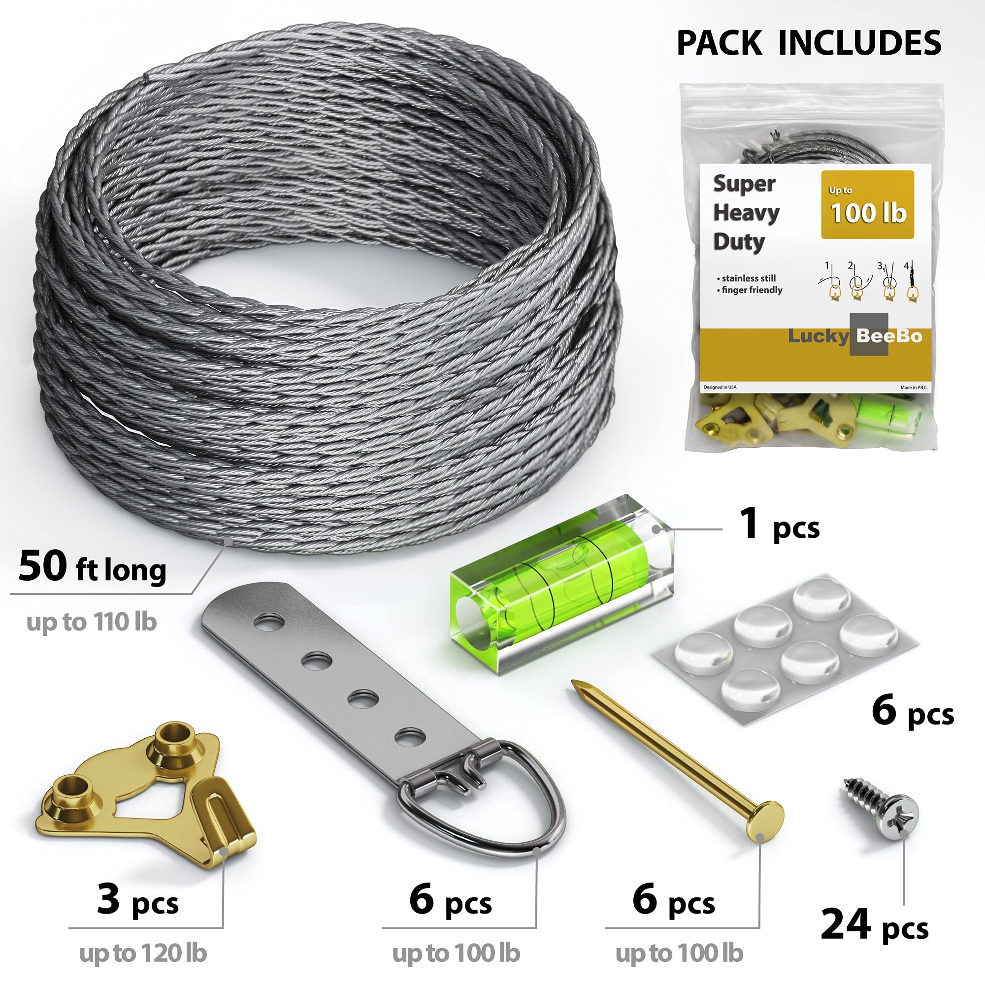 Heavy Duty Picture Wire Hanging Kit - D-Ring, Screws, Hanging Hooks,Level. Supports up to 110 lbs 50+ Feet (15.25M) Stainless Steel Wire Hanger