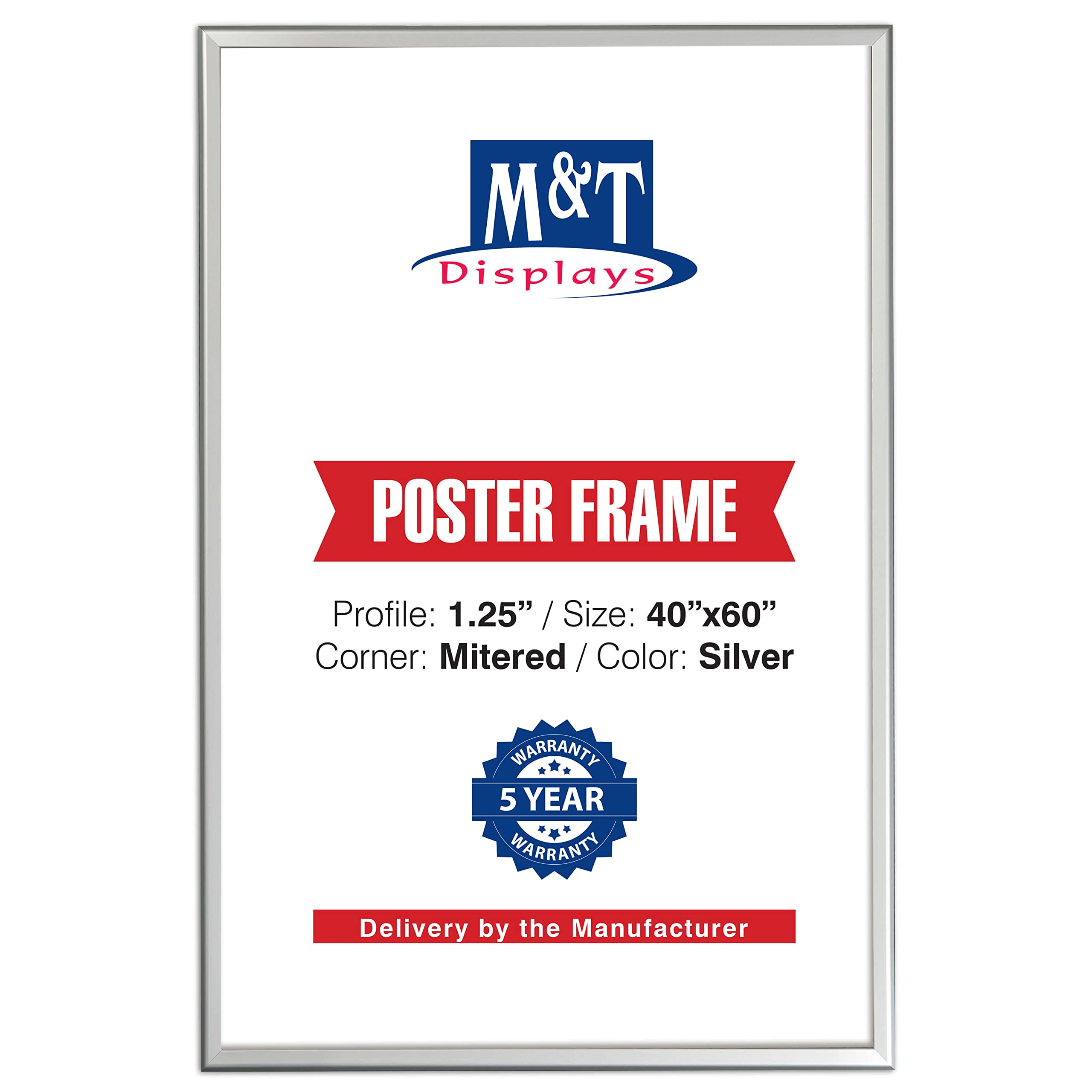 M&T Displays Snap Poster Frame Silver 1.25" Aluminum Profile Front Loading Wall Mounting Photo Picture Document Certificate Sign Holder Mitered Corner Anti Glare Cover (Silver, 40x60 in)