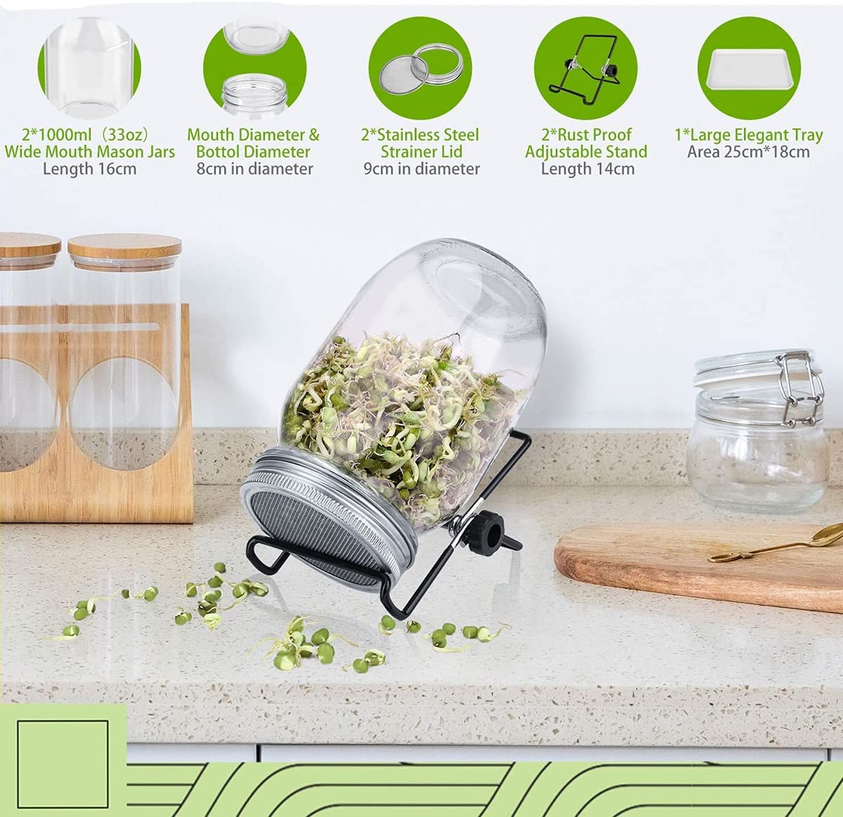 Sprouting Jar Kit, 2 Wide Mouth Mason Jars with Stainless Steel Strainer Lids Stands and Tray Germinator Set, Indoor Seed Sprouter Jar Kit for Growing Broccoli Beans