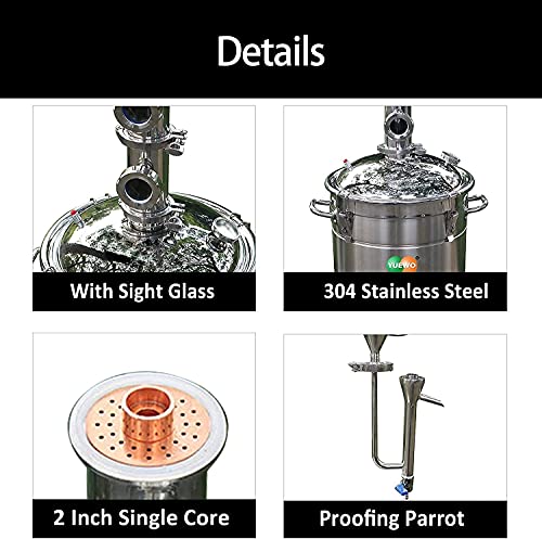 YUEWO 110V Electric 304 Stainless Steel Alcohol Distiller Flute Reflux Column Still with Sight Glasses Wine Making Kit for DIY Whisky Wine Brandy Gin (Produce 92% ABV)