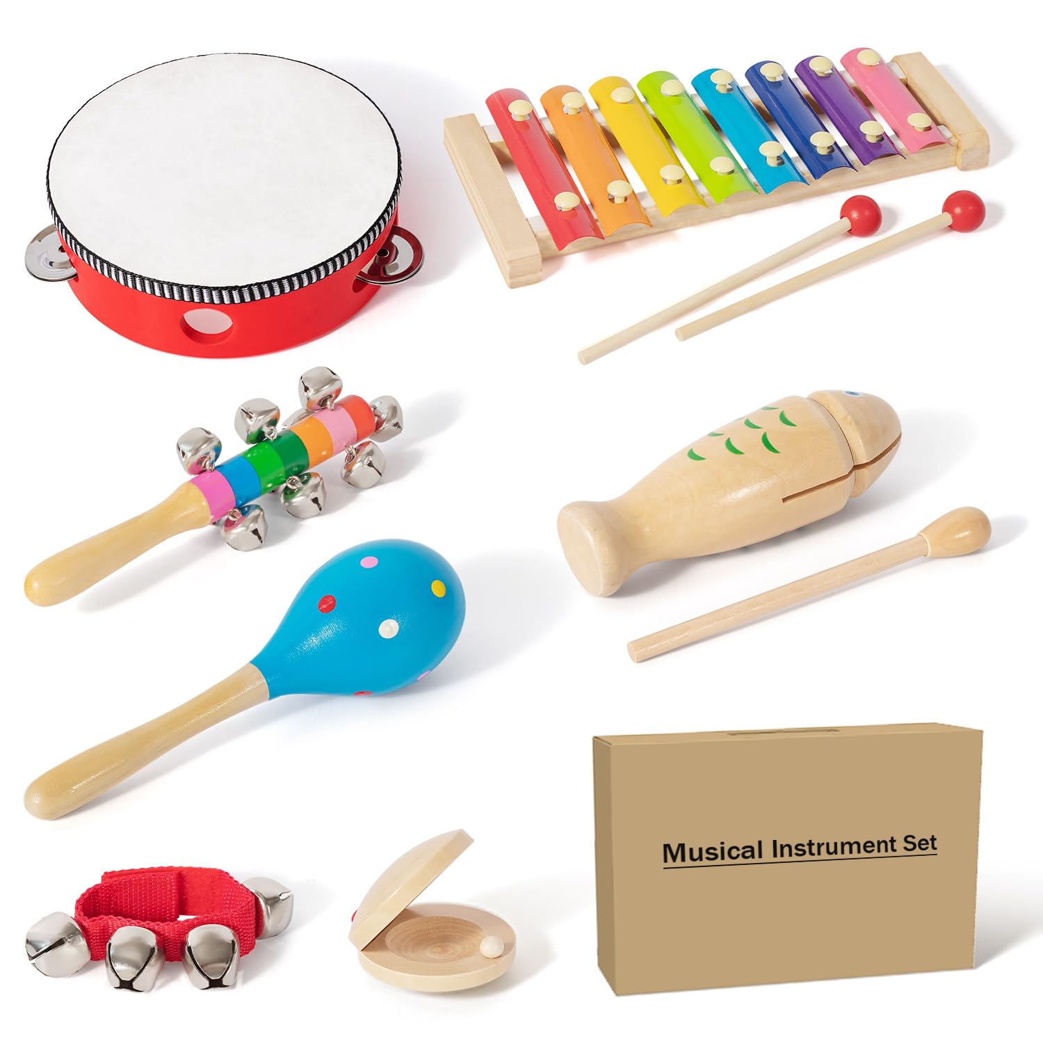 Toddler Musical Instruments Set, 10Pcs 7 Types Wooden Percussion Instruments Tambourine Xylophone Toys for Kids Children, Preschool Education Early Learning Musical Instruments for Toddlers