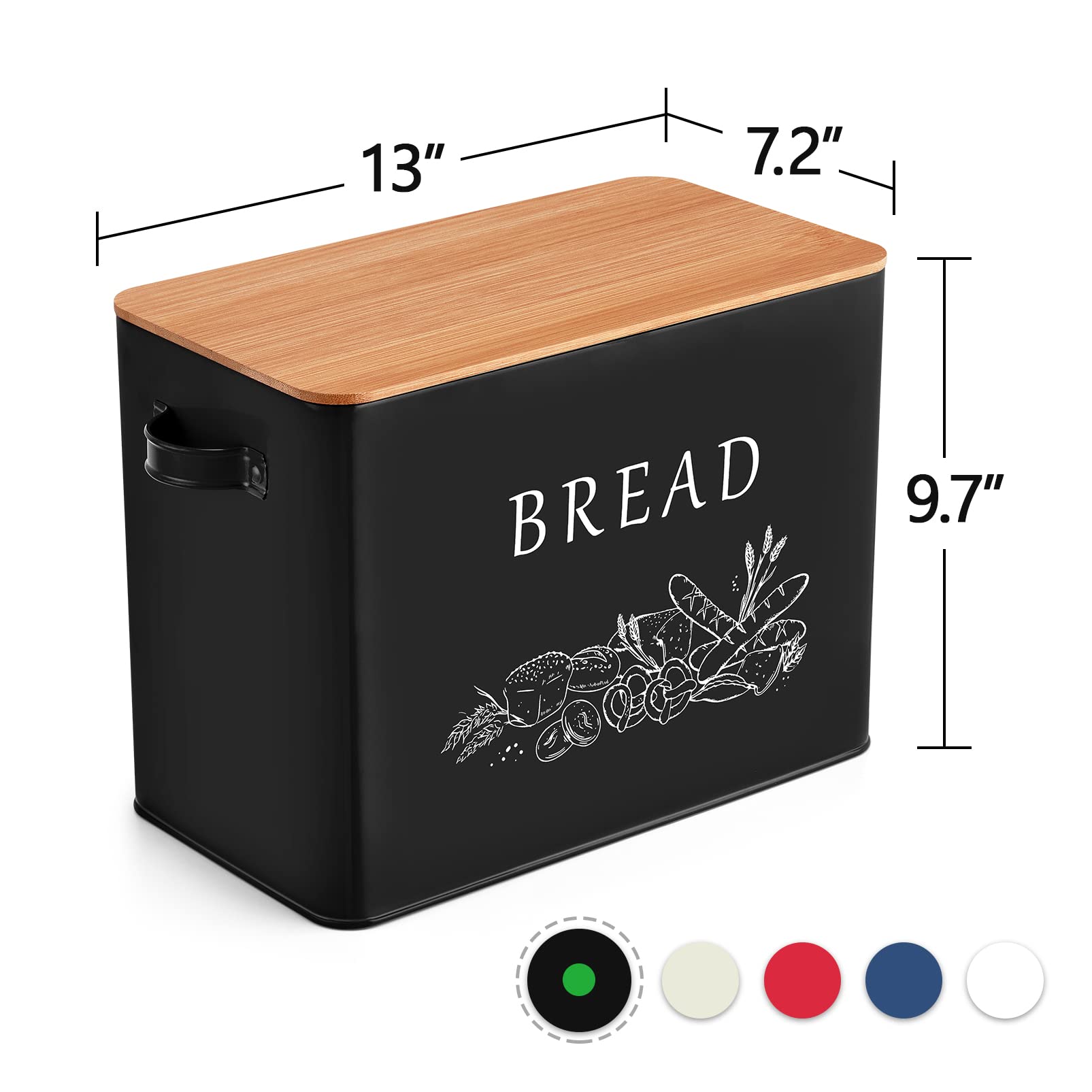P&P CHEF Black Bread Box for Kitchen Counter, Metal Bread Storage Bin with Bamboo Cutting Lid, Large Capacity for Holding 2+ Loaves, Retro Modern Style, Size 13β x 7.2β x 9.7β
