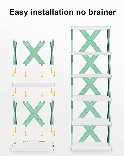 6 Tier Narrow Shoe Rack, Small Vertical Shoe Stand, Space Saving DIY Free Standing Shoes Storage Organizer for Entryway, Closet, Hallway, Easy Assembly and Stable in Structure, White and Green