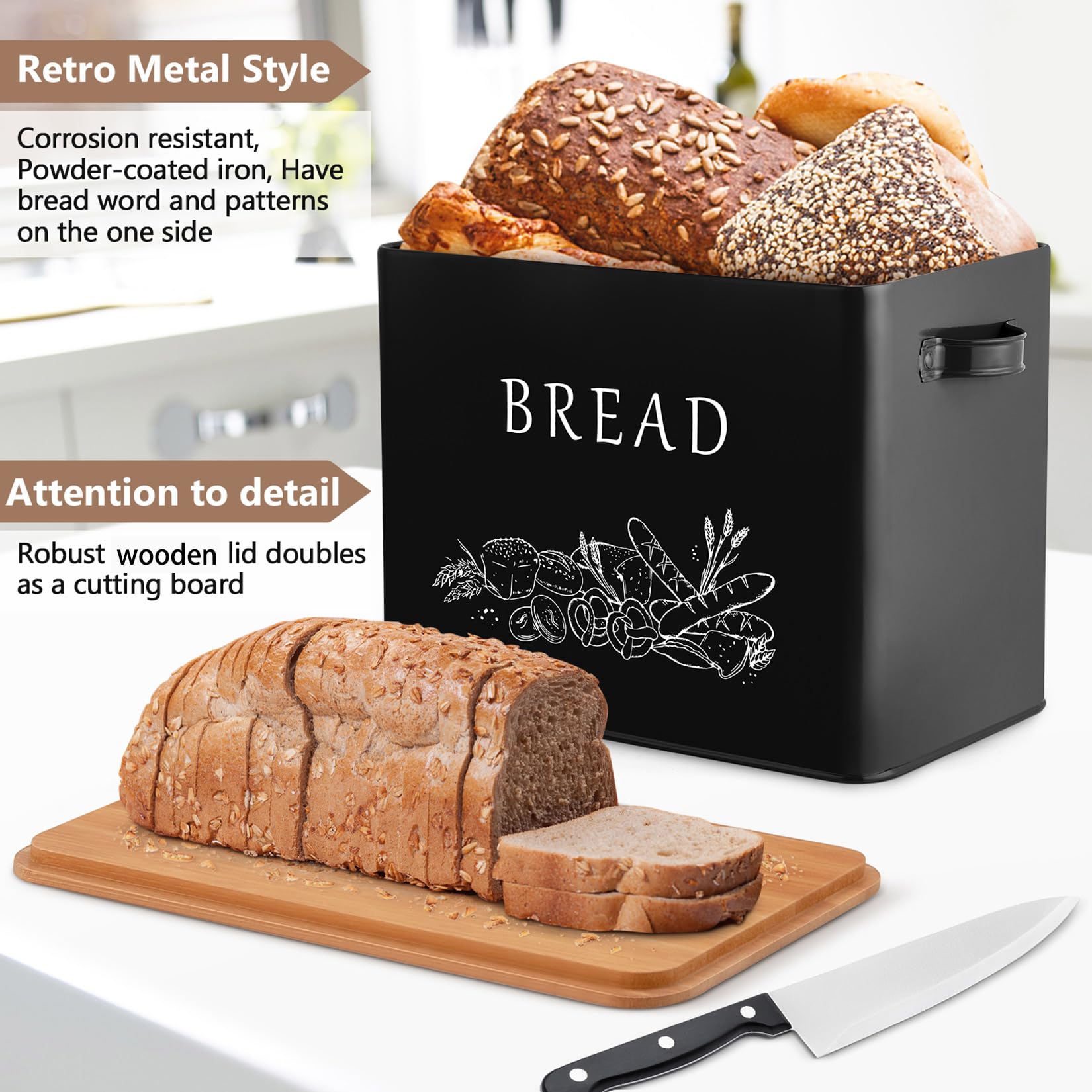 P&P CHEF Black Bread Box for Kitchen Counter, Metal Bread Storage Bin with Bamboo Cutting Lid, Large Capacity for Holding 2+ Loaves, Retro Modern Style, Size 13β x 7.2β x 9.7β