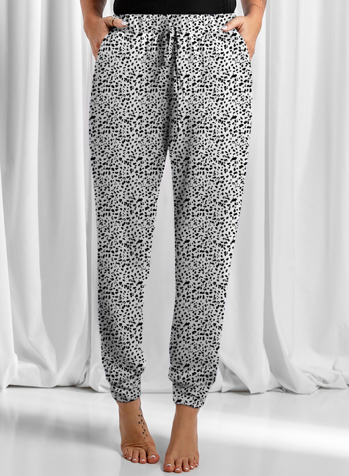 Dokotoo Womens Summer Comfy Casual Loose Breezy Leopard Drawstring Elastic Waist Loose Jogging Jogger Pants Sweatpants for Women with Pockets Large