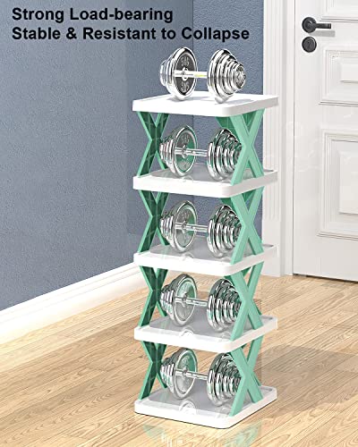 6 Tier Narrow Shoe Rack, Small Vertical Shoe Stand, Space Saving DIY Free Standing Shoes Storage Organizer for Entryway, Closet, Hallway, Easy Assembly and Stable in Structure, White and Green