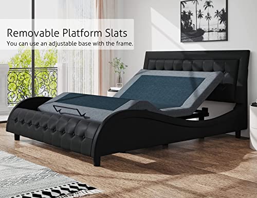 SHA CERLIN Queen Size Box-Tufted Platform Bed Frame / Faux Leather Upholstered Bed Frame with Headboard / Wood Slat Support / Wave-Like Modern Bed / Low Profile Mattress Foundation / Black