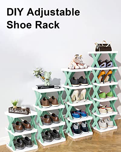 6 Tier Narrow Shoe Rack, Small Vertical Shoe Stand, Space Saving DIY Free Standing Shoes Storage Organizer for Entryway, Closet, Hallway, Easy Assembly and Stable in Structure, White and Green