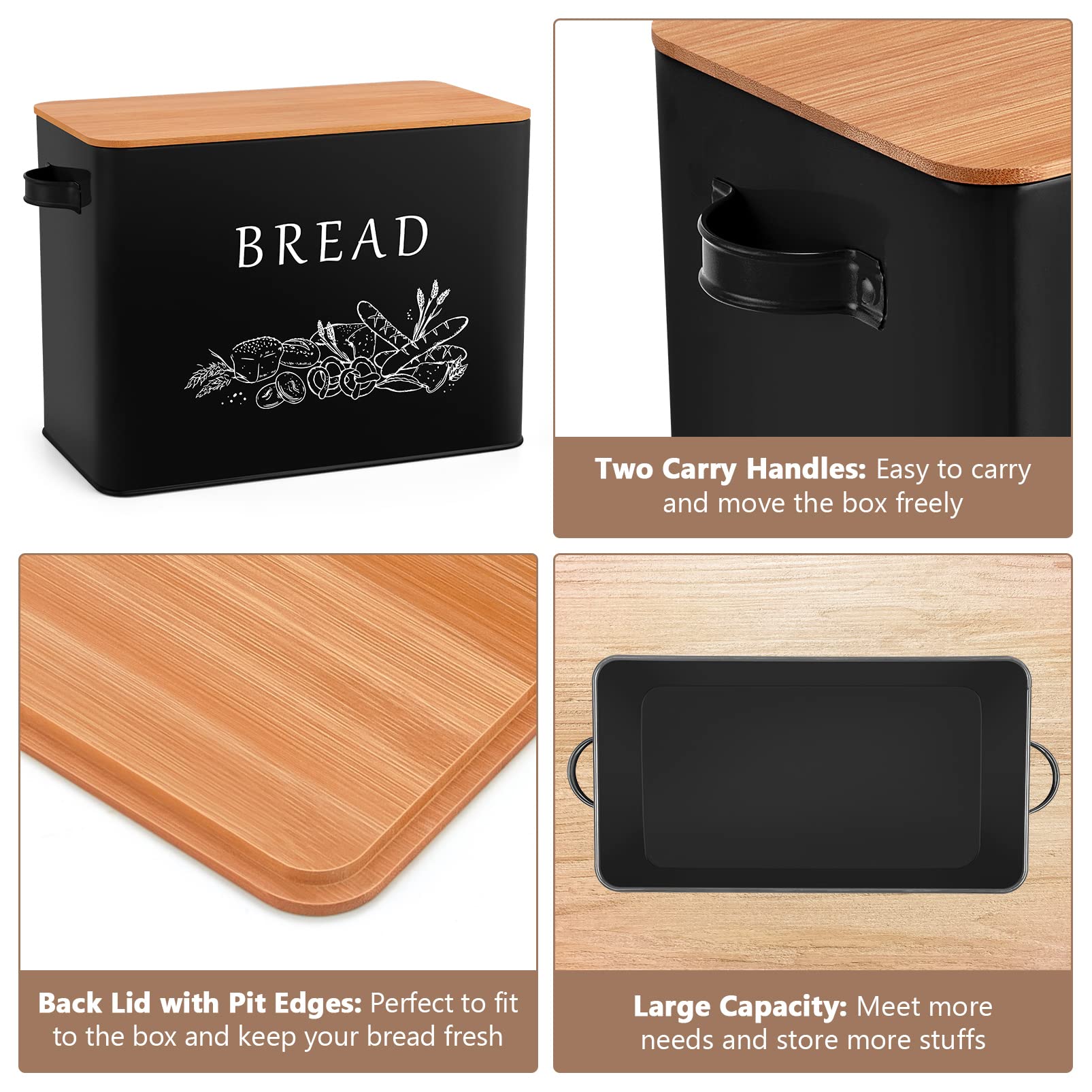 P&P CHEF Black Bread Box for Kitchen Counter, Metal Bread Storage Bin with Bamboo Cutting Lid, Large Capacity for Holding 2+ Loaves, Retro Modern Style, Size 13β x 7.2β x 9.7β