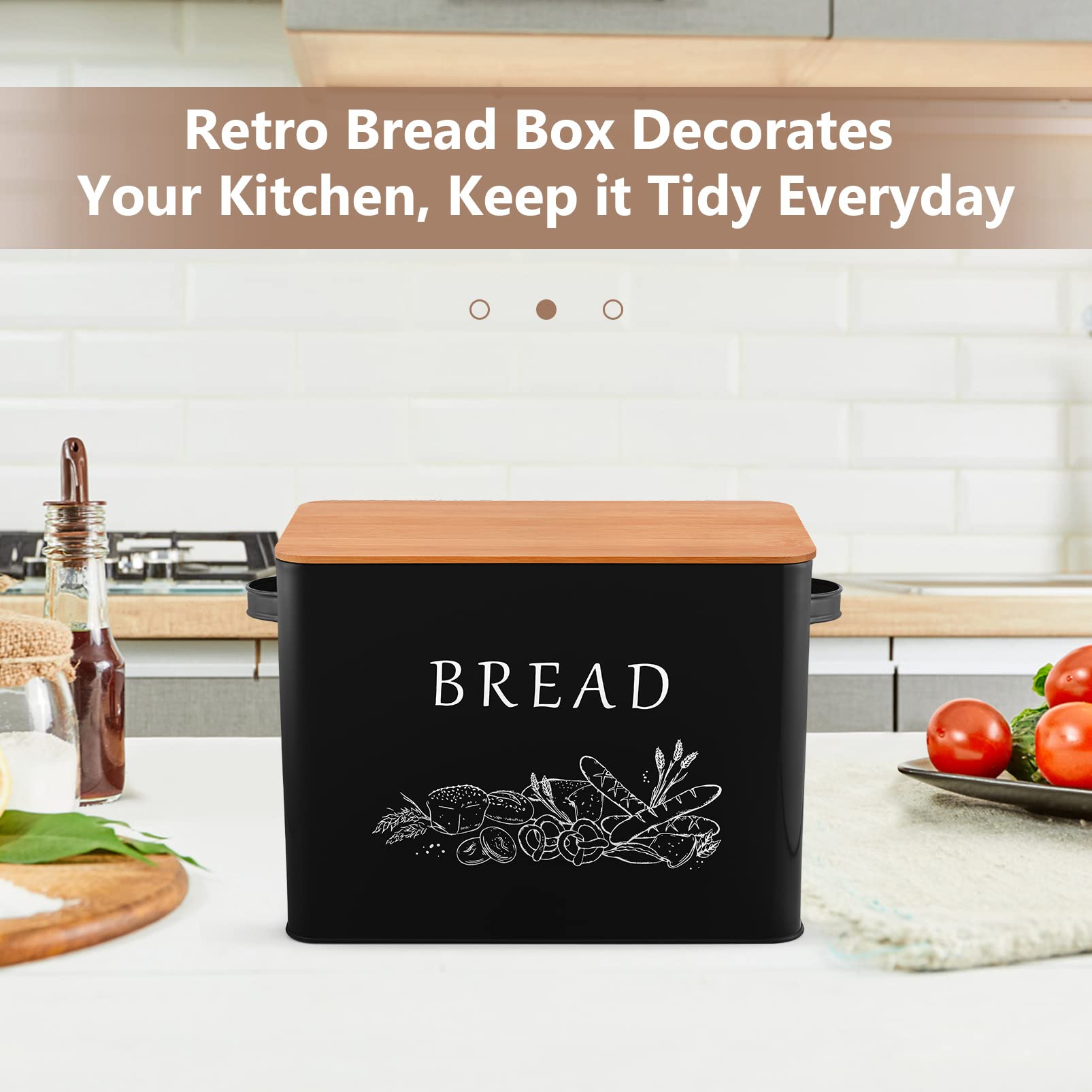 P&P CHEF Black Bread Box for Kitchen Counter, Metal Bread Storage Bin with Bamboo Cutting Lid, Large Capacity for Holding 2+ Loaves, Retro Modern Style, Size 13β x 7.2β x 9.7β