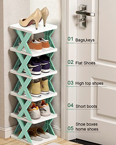 6 Tier Narrow Shoe Rack, Small Vertical Shoe Stand, Space Saving DIY Free Standing Shoes Storage Organizer for Entryway, Closet, Hallway, Easy Assembly and Stable in Structure, White and Green