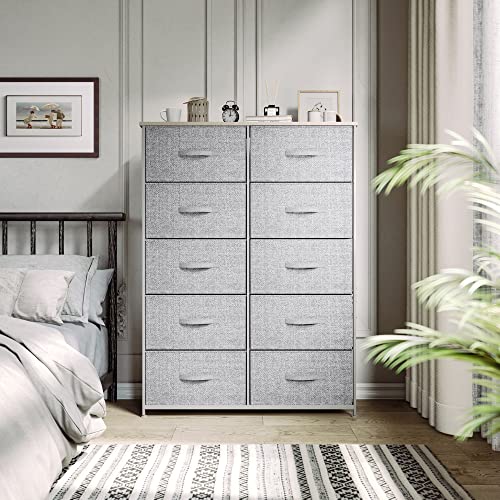 YITAHOME 10 Drawer Dresser - Fabric Storage Tower, Organizer Unit for Bedroom, Living Room, Hallway, Closets & Nursery - Sturdy Steel Frame, Wooden Top & Easy Pull Fabric Bins (Light Grey)