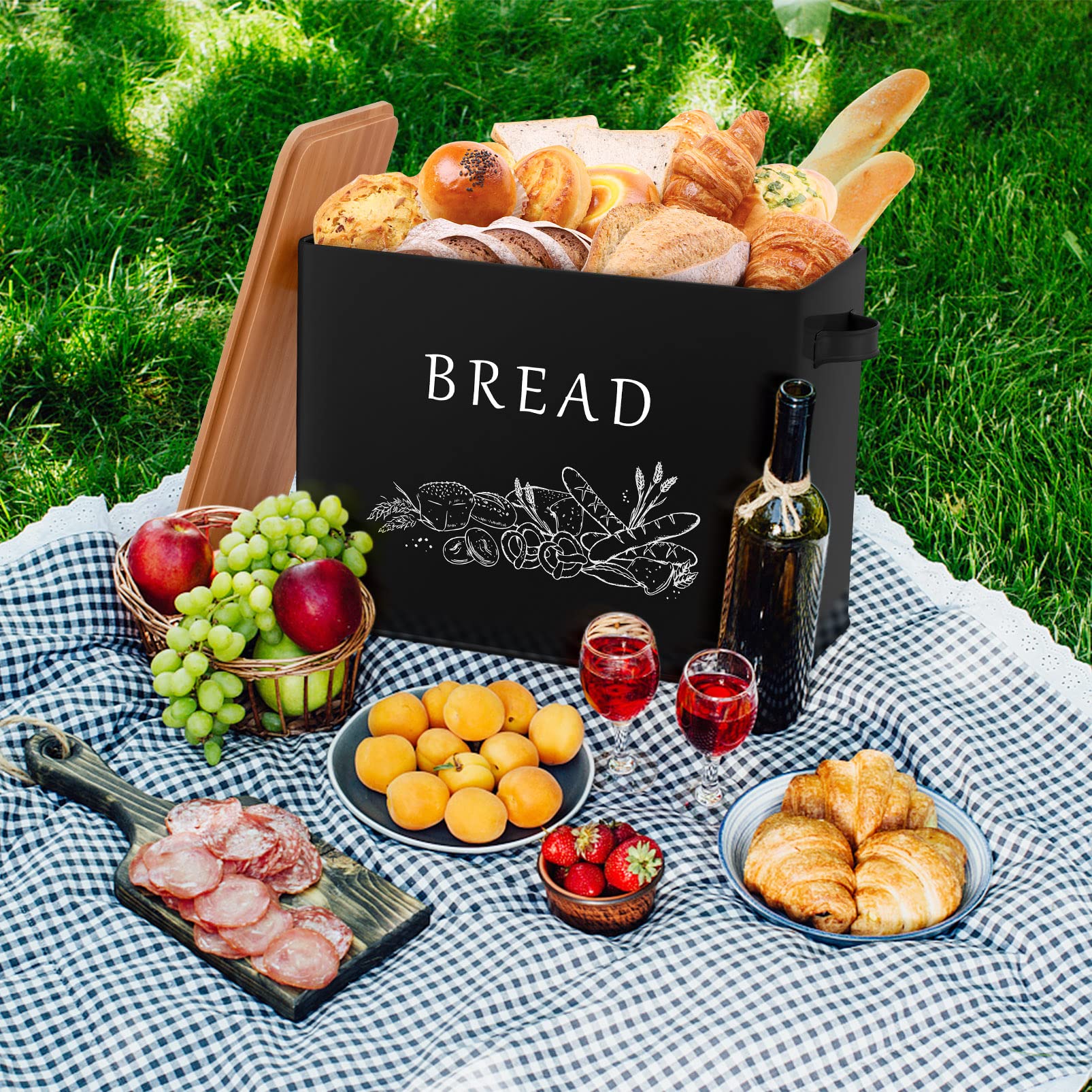 P&P CHEF Black Bread Box for Kitchen Counter, Metal Bread Storage Bin with Bamboo Cutting Lid, Large Capacity for Holding 2+ Loaves, Retro Modern Style, Size 13β x 7.2β x 9.7β