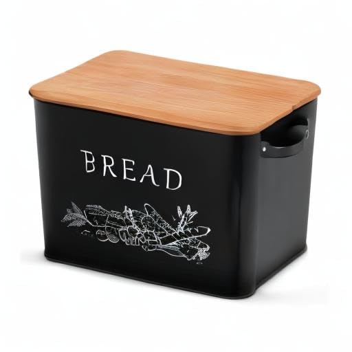 P&P CHEF Black Bread Box for Kitchen Counter, Metal Bread Storage Bin with Bamboo Cutting Lid, Large Capacity for Holding 2+ Loaves, Retro Modern Style, Size 13β x 7.2β x 9.7β