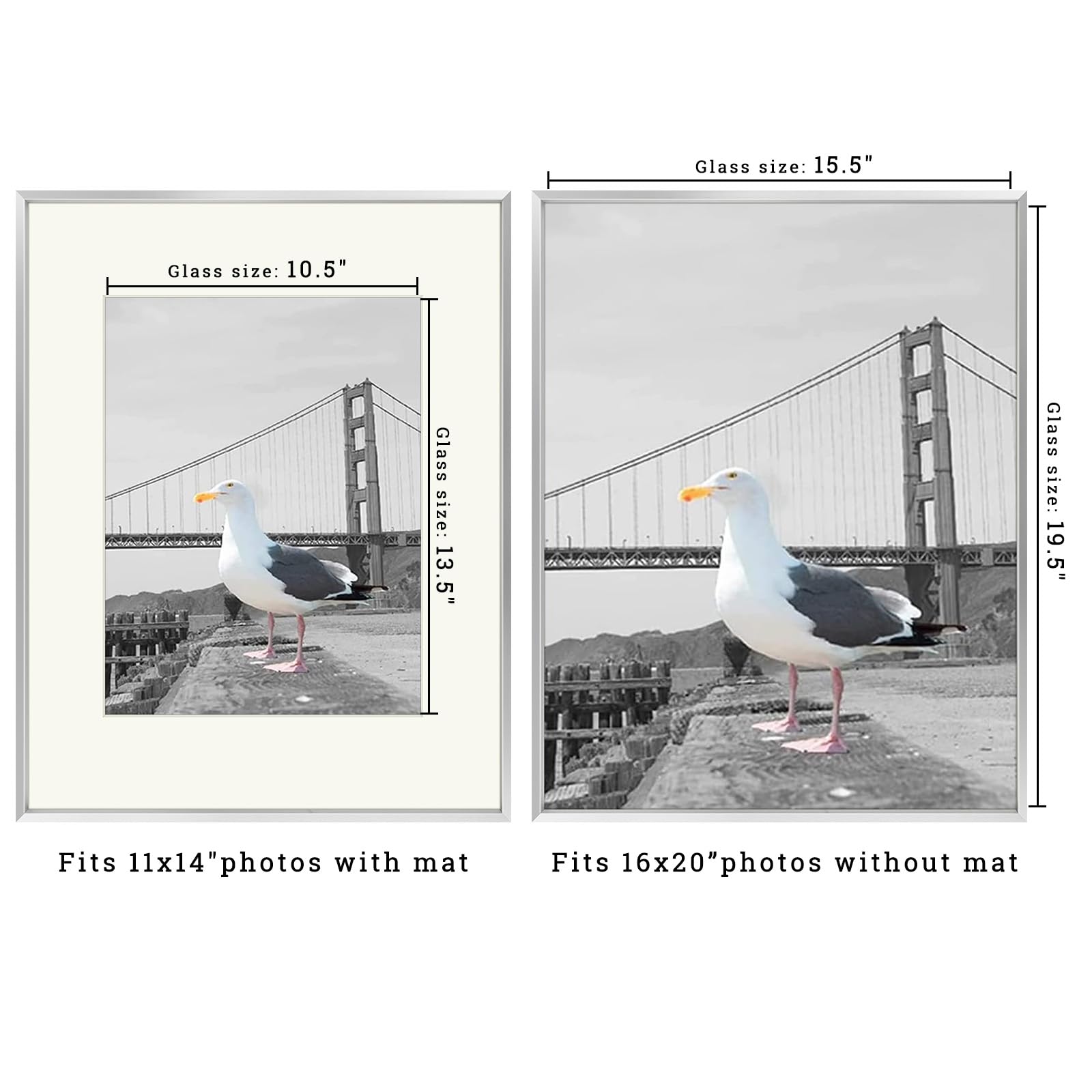 Frametory, 16x20 Metal Picture Frame with Mat for 11x14 Picture & Real Glass, Aluminum Photo Frame Collection (Silver, 2 Pack)
