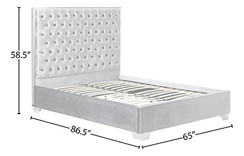 Meridian Furniture Lexi Collection Modern | Contemporary Velvet Upholstered Bed with Deep Tufting, Polished Chrome Stainless Steel Frame and Legs, Queen, Grey
