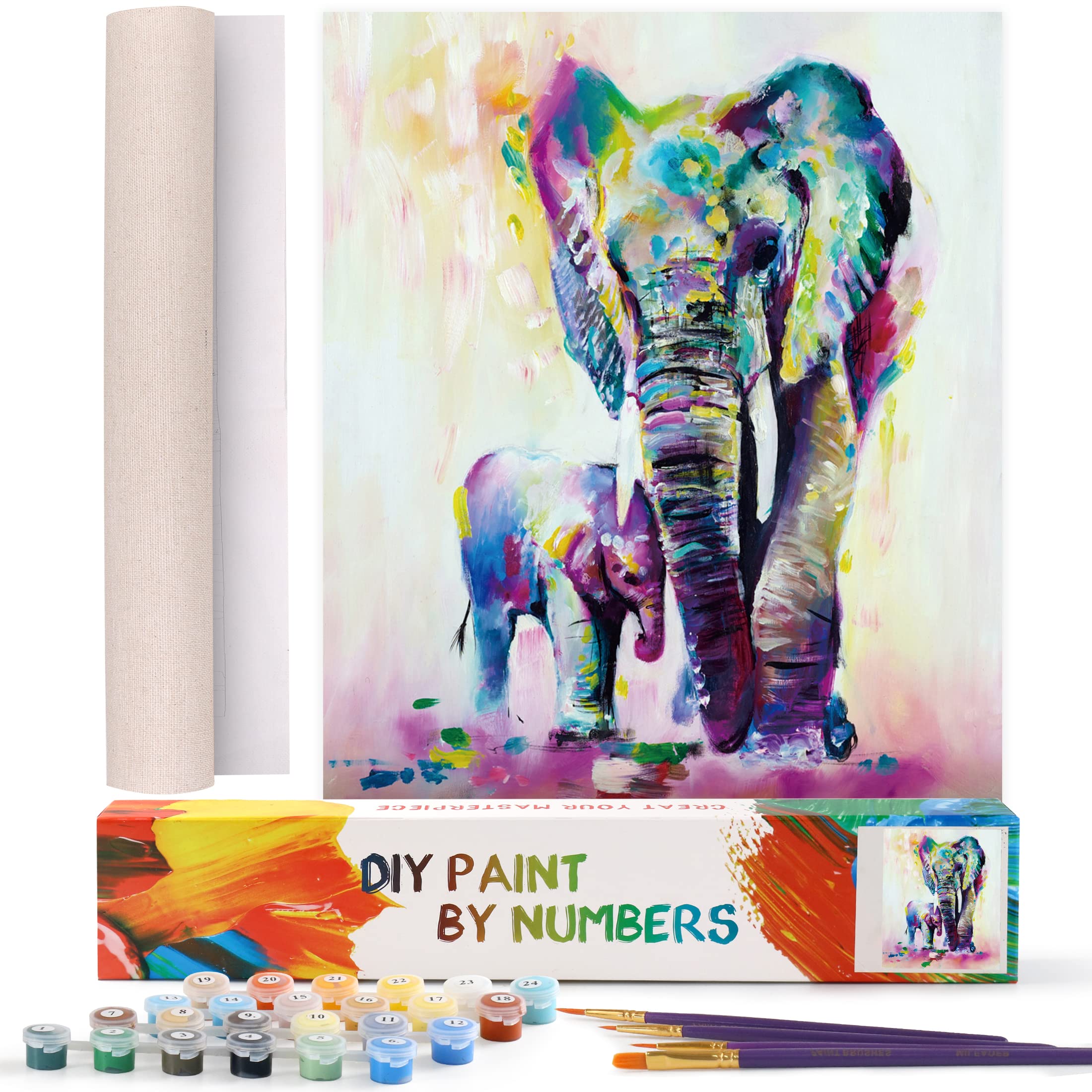 WISKALON Paint by Numbers for Adults Kids DIY Oil Painting by Numbers Kits on Canvas with 3X Magnifier, Acrylic Paints and Brushes - Colorful Elephant Father and Son 40cm x 50cm (Without Frame)