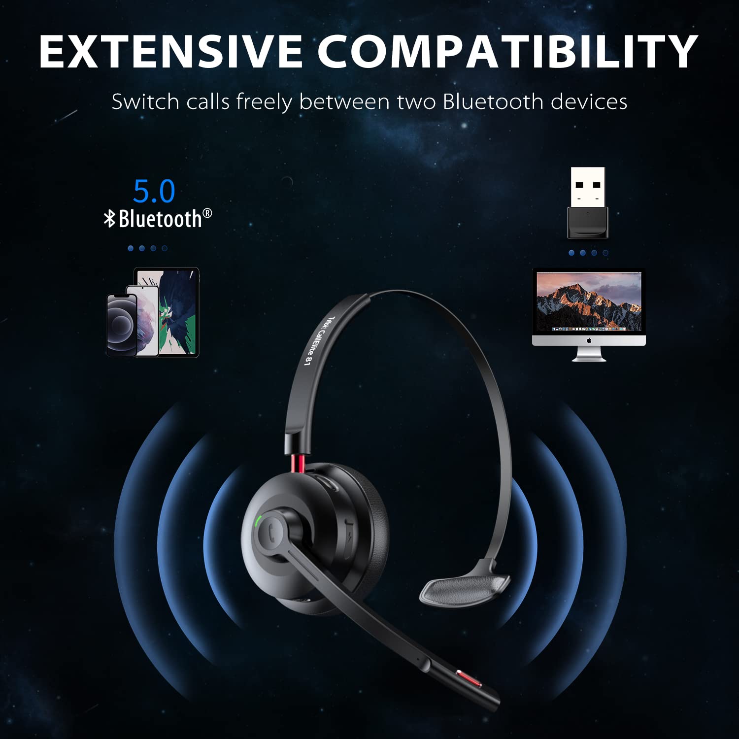 Tribit Wireless Headset with Microphone, Bluetooth 5.0 Cell Phone Headphone Qualcomm QCC3020, AI Noise Canceling & CVC 8.0 for Home Office, Mute Button 50H Talk time, USB-A Dongle for PC, CallElite81
