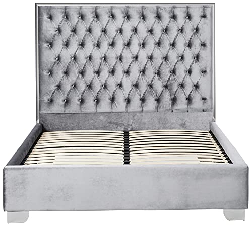 Meridian Furniture Lexi Collection Modern | Contemporary Velvet Upholstered Bed with Deep Tufting, Polished Chrome Stainless Steel Frame and Legs, Queen, Grey