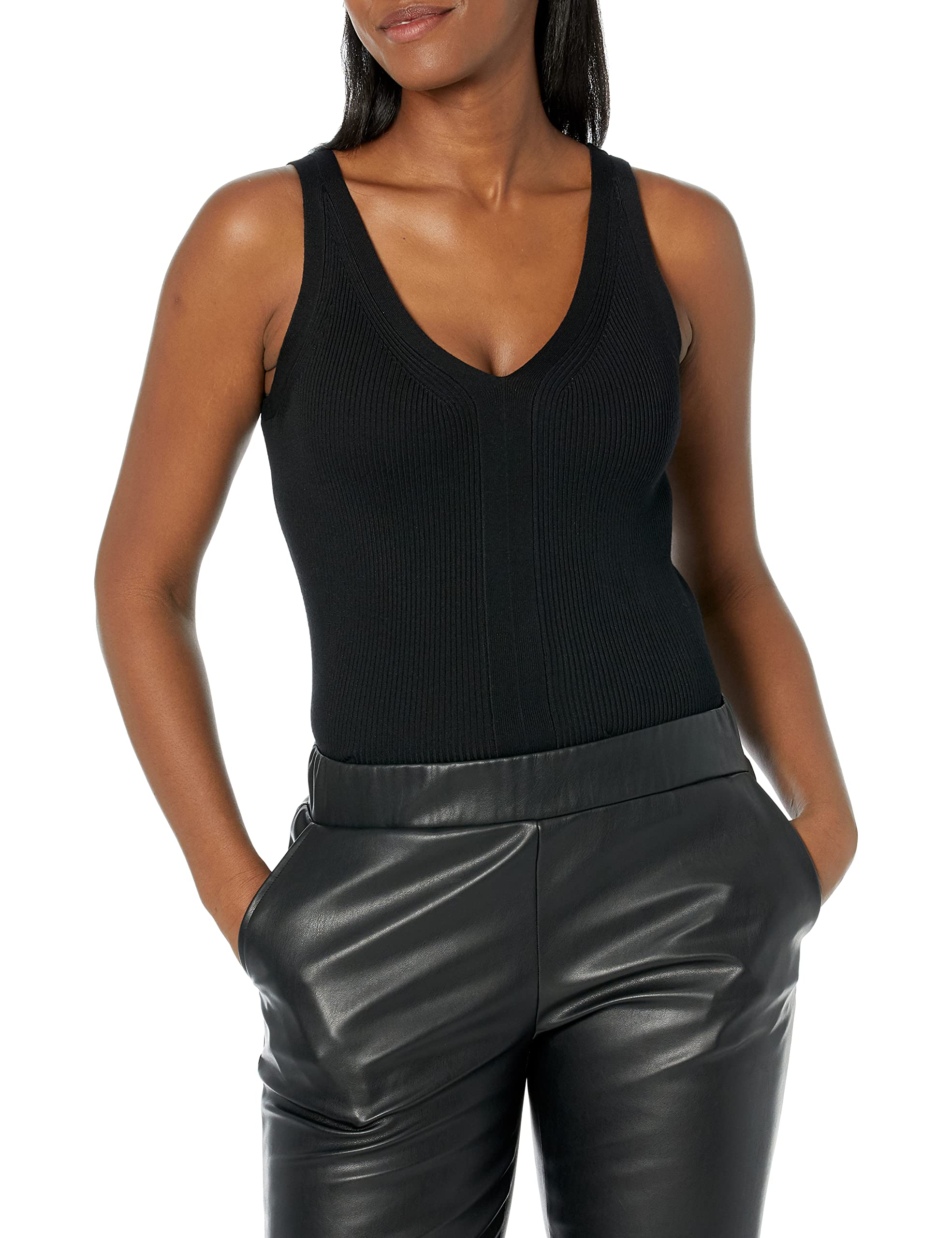 KARL LAGERFELD PARIS Women's Ribbed V-Neck Tank Top, Black, Large