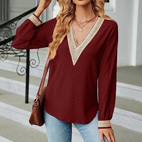 Womens Tops 2023 V-Neck Lace Crochet Loose Fit t Shirts Solid Color Fashion Graphic Tunic Empire Waist Blouses